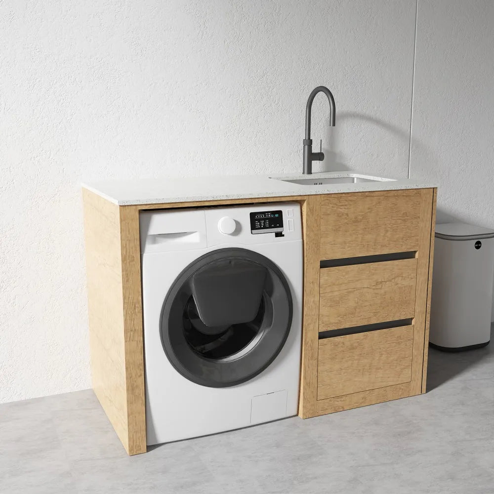 1300mm Light Oak Laundry Tub-Plywood Cabinet & Marble Bench with Sink ...