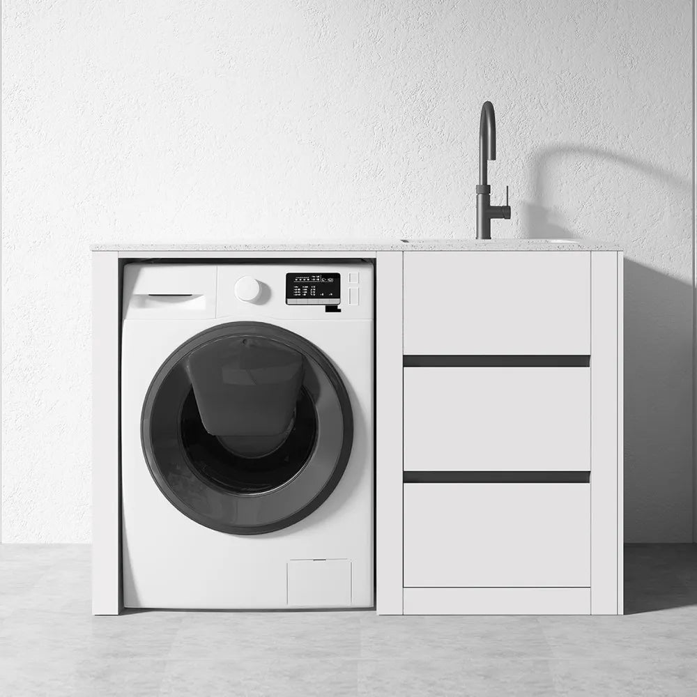1300mm White Laundry Tub-Plywood Cabinet & Marble Bench with Sink ...