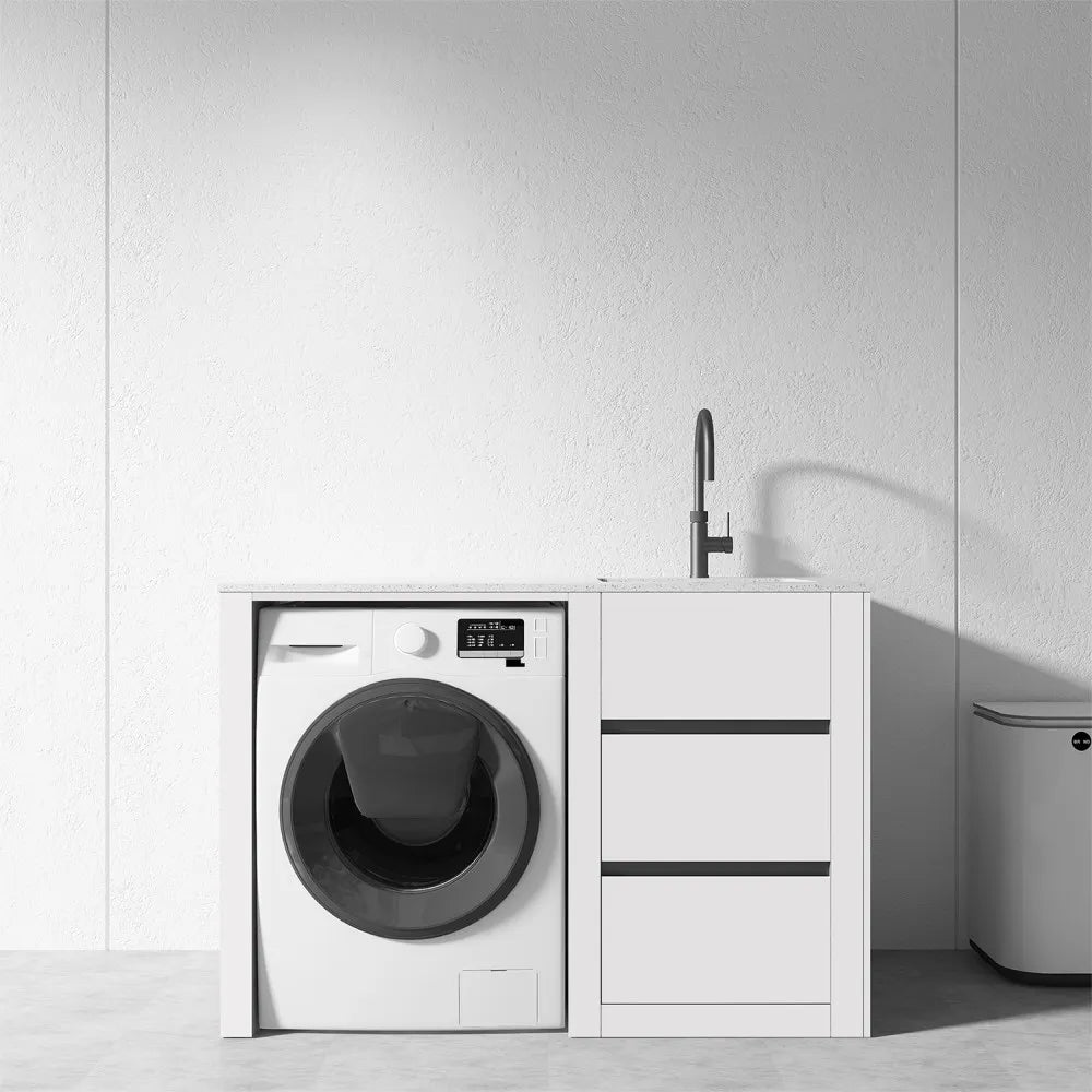 1300mm White Laundry Tub-Plywood Cabinet & Marble Bench with Sink ...
