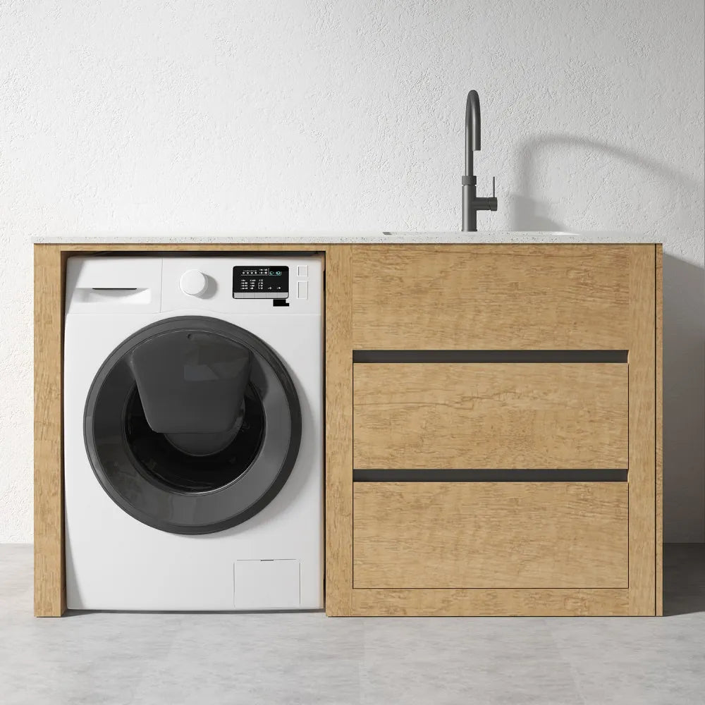 1500mm Light Oak Laundry Tub-Plywood Cabinet & Marble Bench with Sink ...