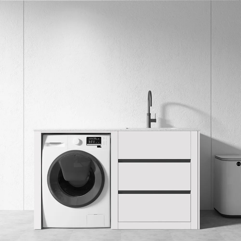 1500mm White Laundry Tub-Plywood Cabinet & Marble Bench with Sink ...