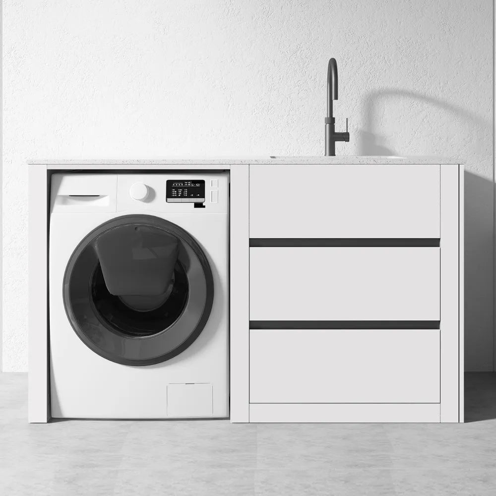 1500mm White Laundry Tub-Plywood Cabinet & Marble Bench with Sink ...