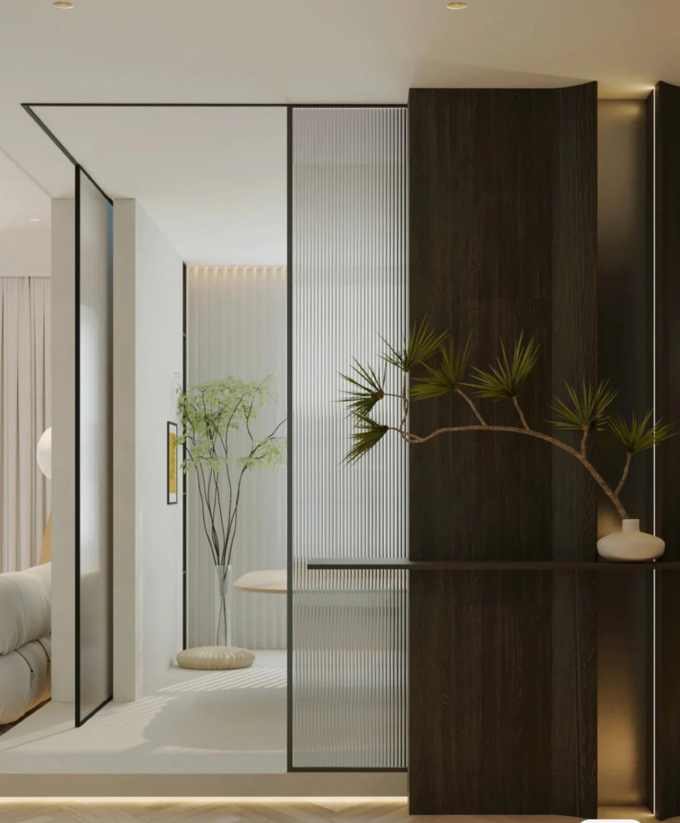 Narrow reeded clear glass soft-stop sliding door – Midea NorthShore